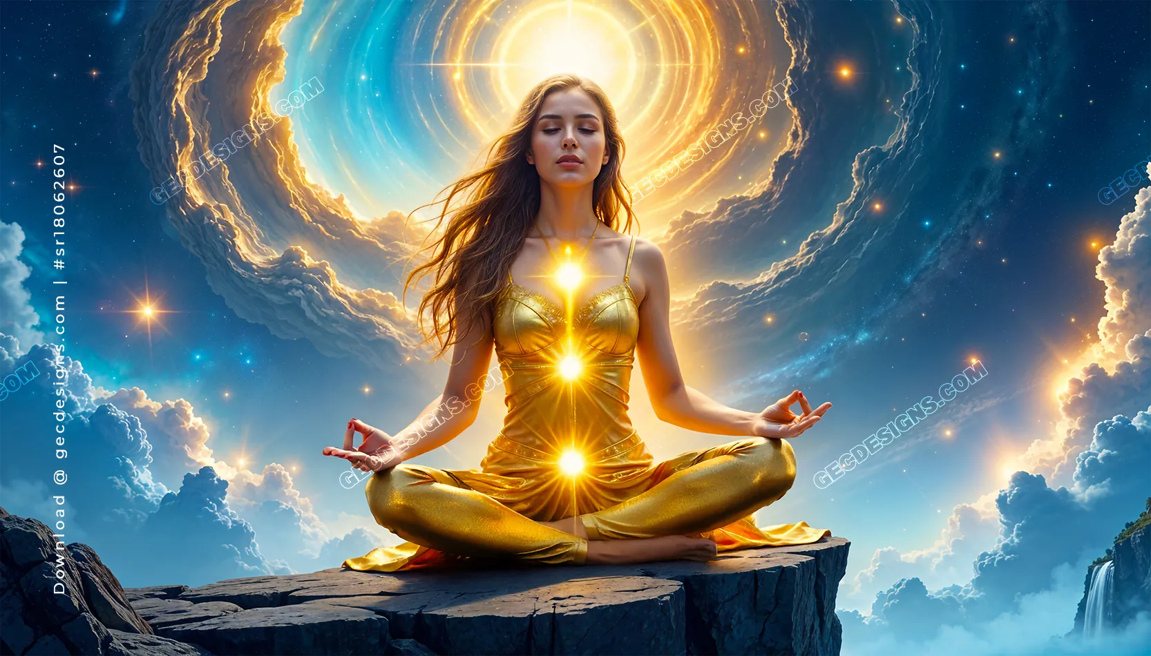 Woman meditating with activated Chakras and Cosmic energy background ...