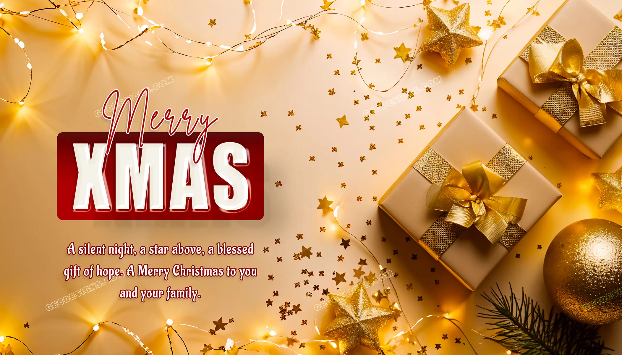 Xmas wishes and Greetings with sparkling lights and Decorative balls on ...