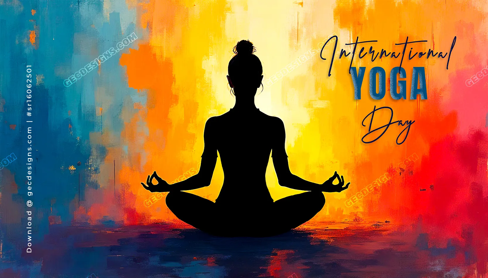 Yoga Day Wishes Image, Woman Meditating in Lotus Pose with Vibrant Colorful Background - GEC Designs