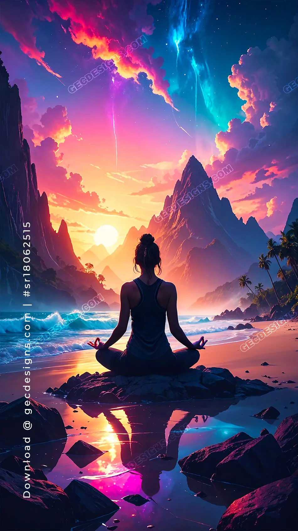 Yoga Day Wishes Image, Woman Meditating on Beach at Sunset with Cosmic ...