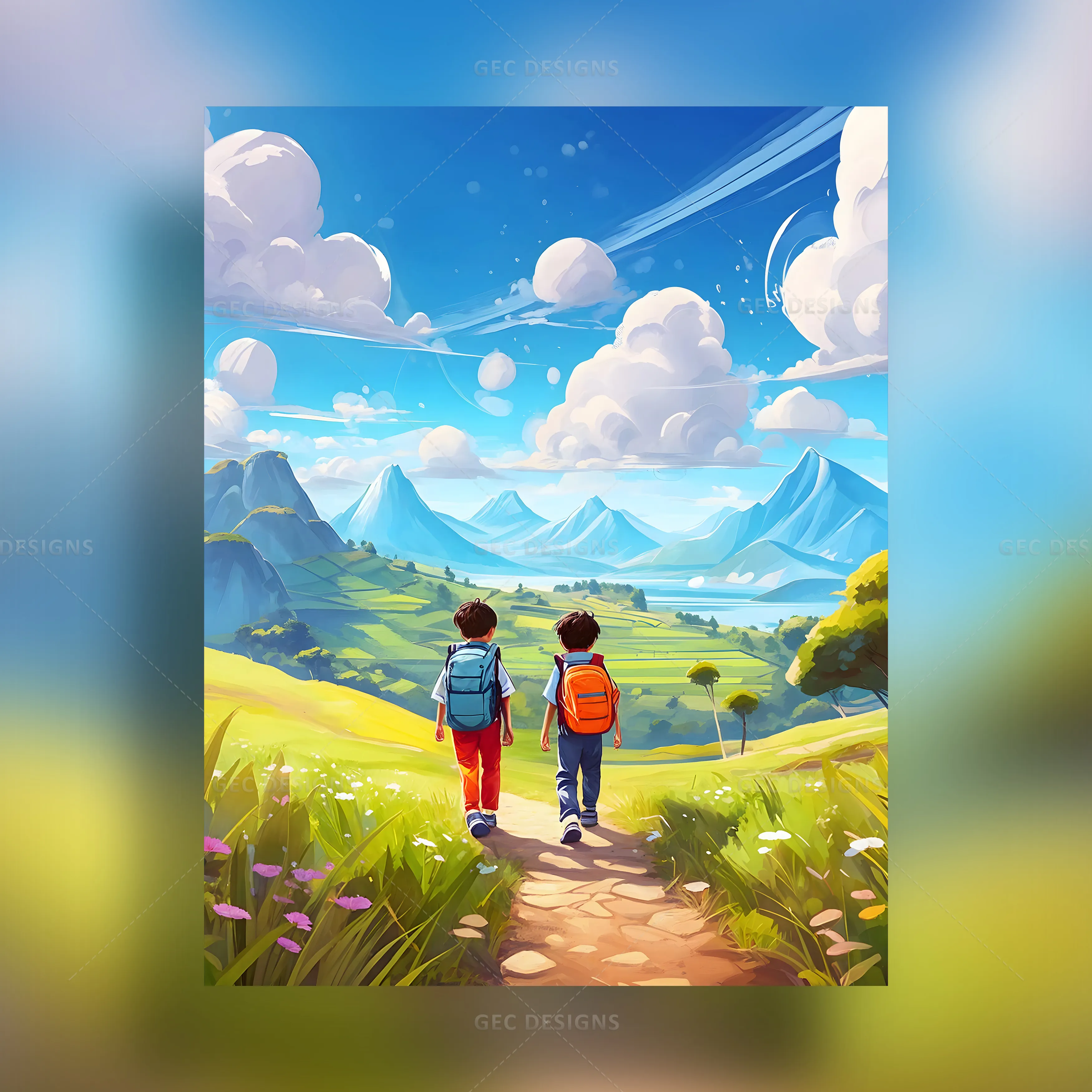 Young boys with backpacks walking through farm field wallpaper ...