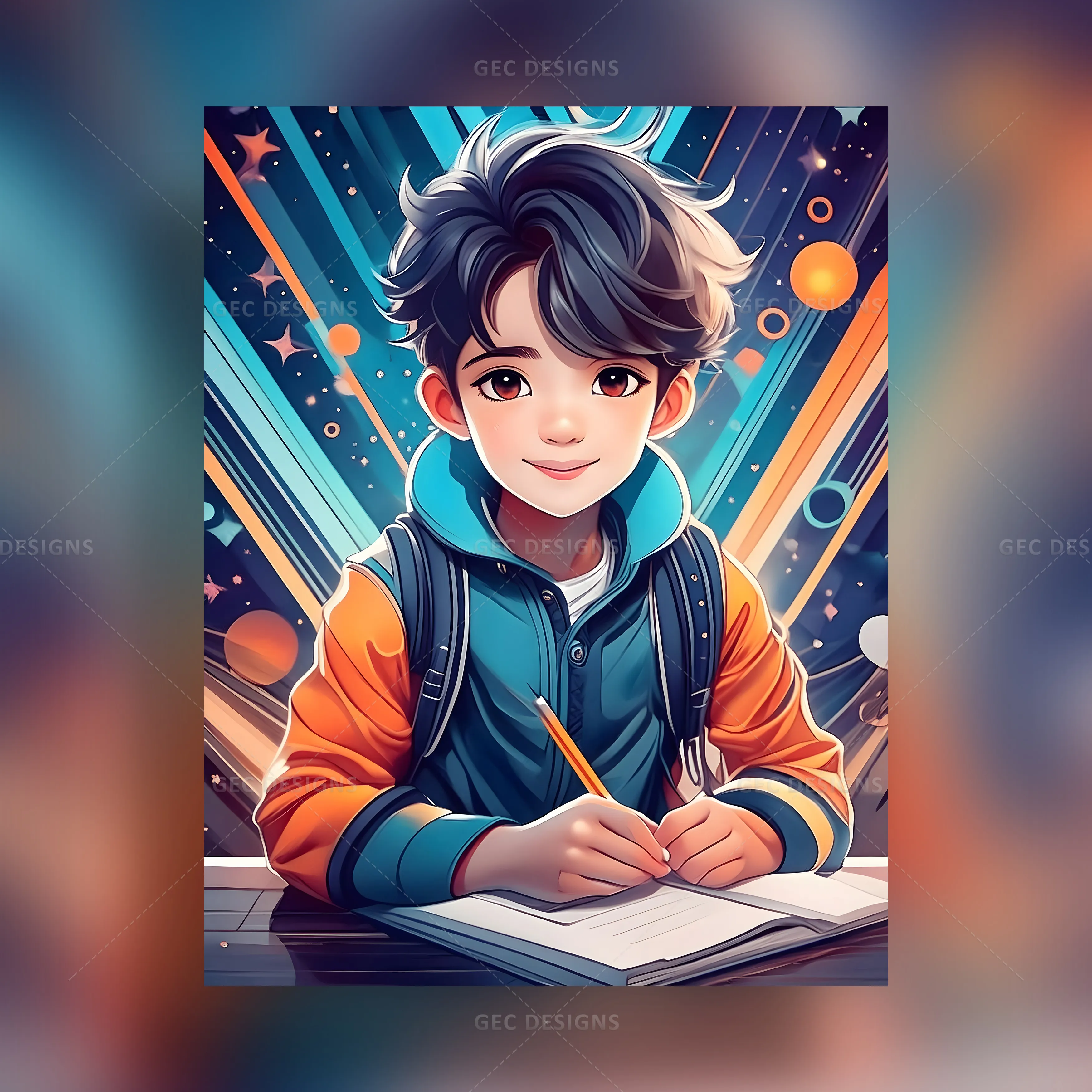 Young school boy writing in book anime-style wallpaper | GEC Designs